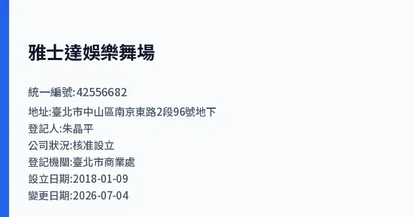 雅士達娛樂舞場的照片-統編 42556682(臺北市) 公司登記資料與營業項目詳細圖表