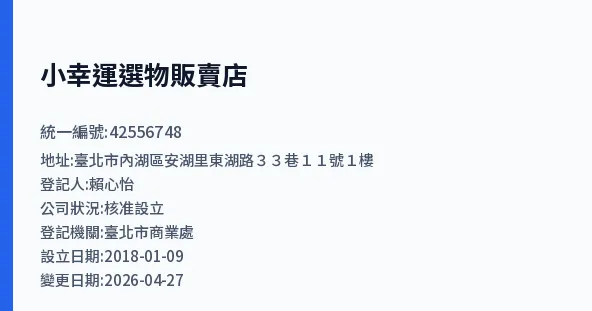 小幸運選物販賣店的照片-統編 42556748(臺北市) 公司登記資料與營業項目詳細圖表