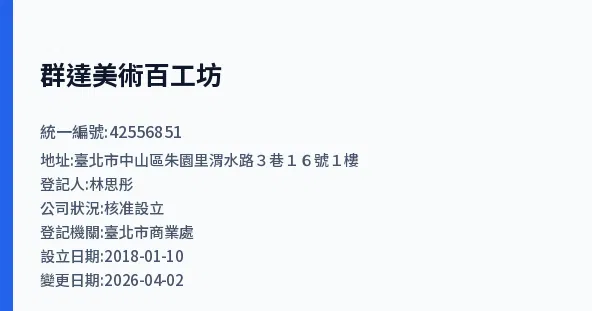 群達美術百工坊的照片-統編 42556851(臺北市) 公司登記資料與營業項目詳細圖表