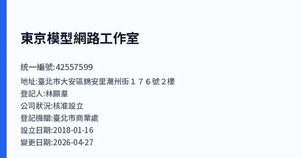 東京模型網路工作室的照片-統編 42557599(臺北市) 公司登記資料與營業項目詳細圖表