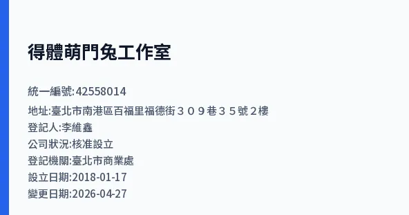 得體萌門兔工作室的照片-統編 42558014(臺北市) 公司登記資料與營業項目詳細圖表