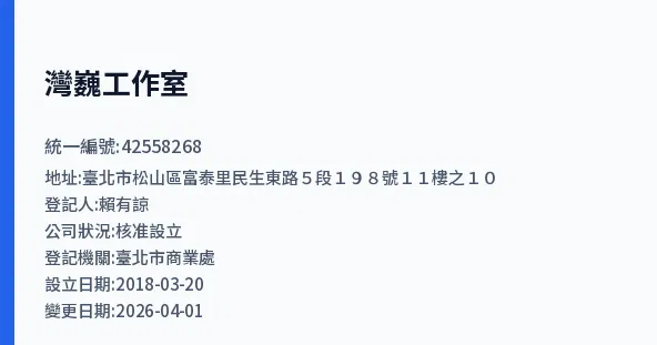 灣巍工作室的照片-統編 42558268(臺北市) 公司登記資料與營業項目詳細圖表