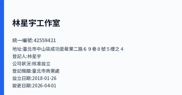 林星宇工作室的照片-統編 42559421(臺北市) 公司登記資料與營業項目詳細圖表