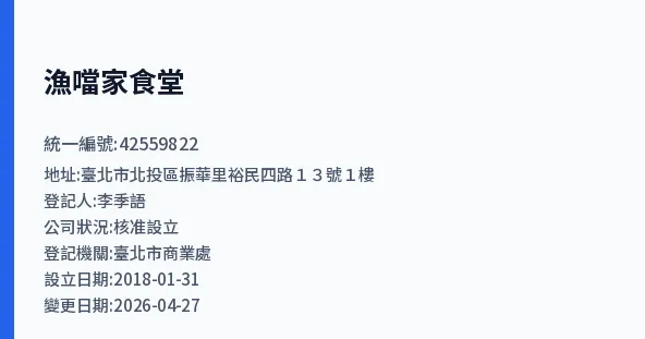 漁噹家食堂的照片-統編 42559822(臺北市) 公司登記資料與營業項目詳細圖表