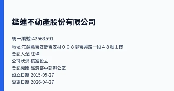 鑑蓮不動產股份有限公司的照片-統編 42563591(花蓮縣) 公司登記資料與營業項目詳細圖表