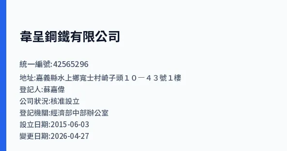 韋呈鋼鐵有限公司的照片-統編 42565296(嘉義縣) 公司登記資料與營業項目詳細圖表