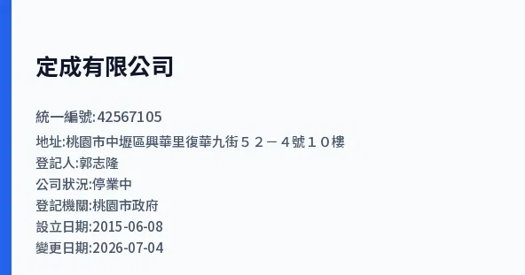 定成有限公司的照片-統編 42567105(桃園市) 公司登記資料與營業項目詳細圖表