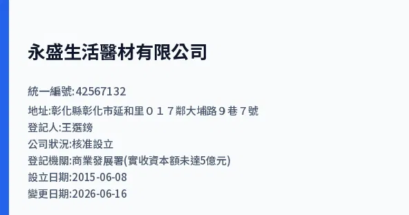 永盛生活醫材有限公司的照片-統編 42567132(彰化縣) 公司登記資料與營業項目詳細圖表