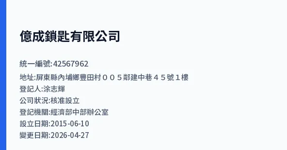 億成鎖匙有限公司的照片-統編 42567962(屏東縣) 公司登記資料與營業項目詳細圖表