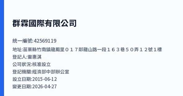 群霖國際有限公司的照片-統編 42569119(苗栗縣) 公司登記資料與營業項目詳細圖表