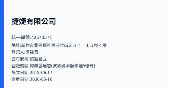 捷婕有限公司的照片-統編 42570571(新竹市) 公司登記資料與營業項目詳細圖表