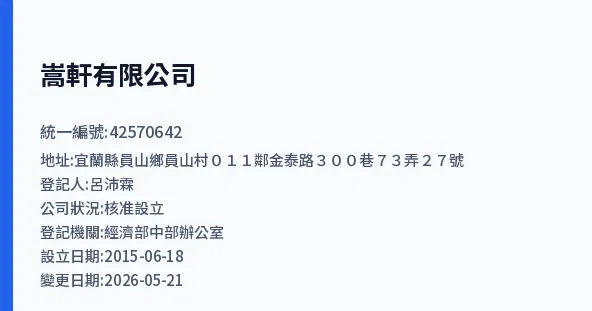 嵩軒有限公司的照片-統編 42570642(宜蘭縣) 公司登記資料與營業項目詳細圖表