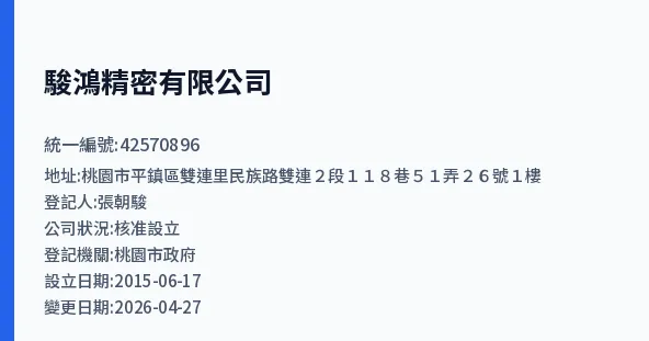 駿鴻精密有限公司的照片-統編 42570896(桃園市) 公司登記資料與營業項目詳細圖表