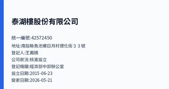 泰湖樓股份有限公司的照片-統編 42572450(南投縣) 公司登記資料與營業項目詳細圖表
