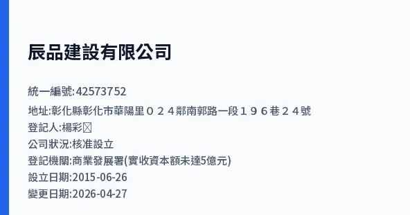 辰品建設有限公司的照片-統編 42573752(彰化縣) 公司登記資料與營業項目詳細圖表