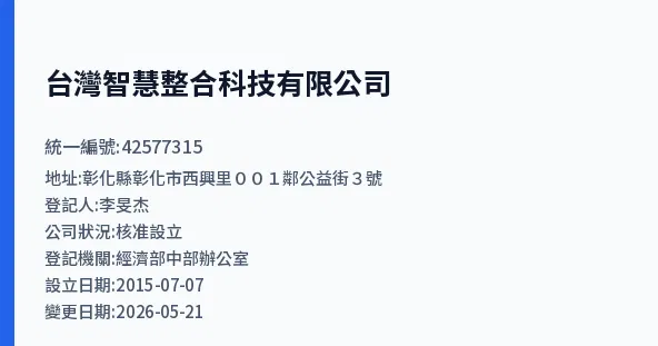 台灣智慧整合科技有限公司的照片-統編 42577315(彰化縣) 公司登記資料與營業項目詳細圖表