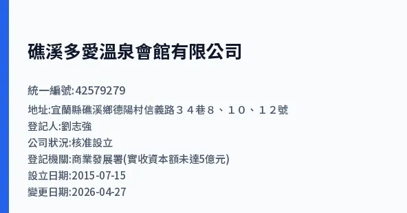 礁溪多愛溫泉會館有限公司的照片-統編 42579279(宜蘭縣) 公司登記資料與營業項目詳細圖表