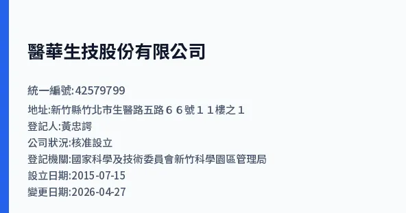 醫華生技股份有限公司的照片-統編 42579799(新竹縣) 公司登記資料與營業項目詳細圖表
