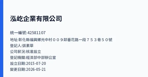 泓屹企業有限公司的照片-統編 42581107(彰化縣) 公司登記資料與營業項目詳細圖表