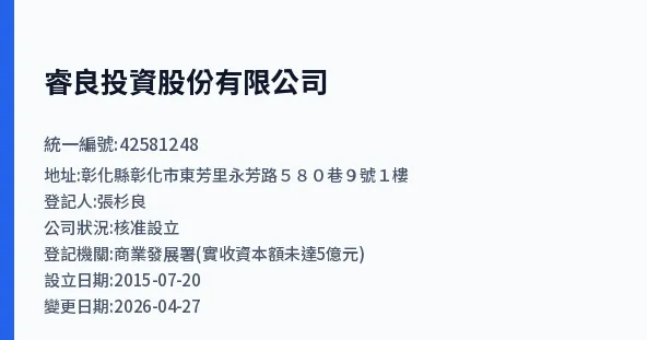睿良投資股份有限公司的照片-統編 42581248(彰化縣) 公司登記資料與營業項目詳細圖表