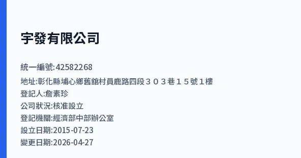 宇發有限公司的照片-統編 42582268(彰化縣) 公司登記資料與營業項目詳細圖表