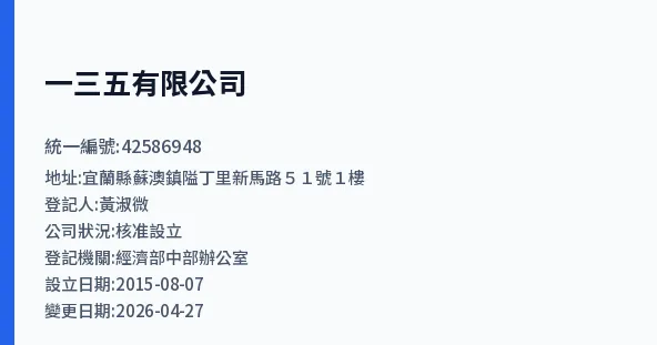 一三五有限公司的照片-統編 42586948(宜蘭縣) 公司登記資料與營業項目詳細圖表
