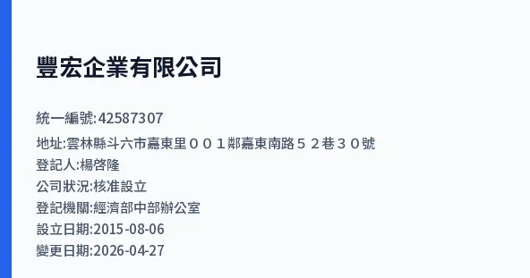 豐宏企業有限公司的照片-統編 42587307(雲林縣) 公司登記資料與營業項目詳細圖表