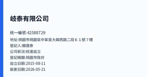 岐泰有限公司的照片-統編 42588729(桃園市) 公司登記資料與營業項目詳細圖表