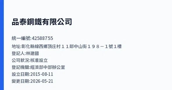 品泰鋼鐵有限公司的照片-統編 42588755(彰化縣) 公司登記資料與營業項目詳細圖表