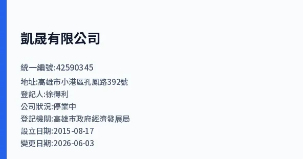 凱晟有限公司的照片-統編 42590345(高雄市) 公司登記資料與營業項目詳細圖表