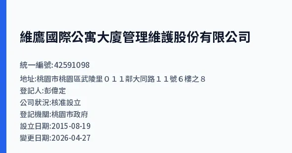 維鷹國際公寓大廈管理維護股份有限公司的照片-統編 42591098(桃園市) 公司登記資料與營業項目詳細圖表