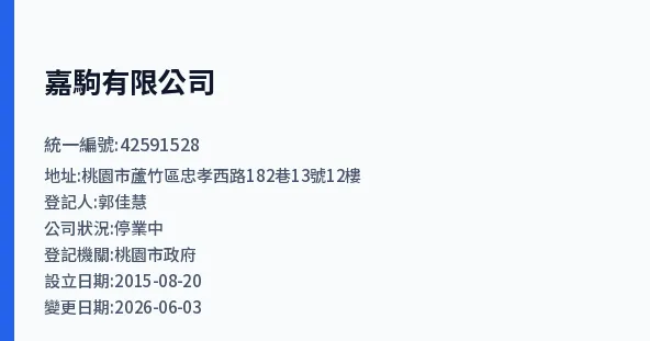 嘉駒有限公司的照片-統編 42591528(桃園市) 公司登記資料與營業項目詳細圖表