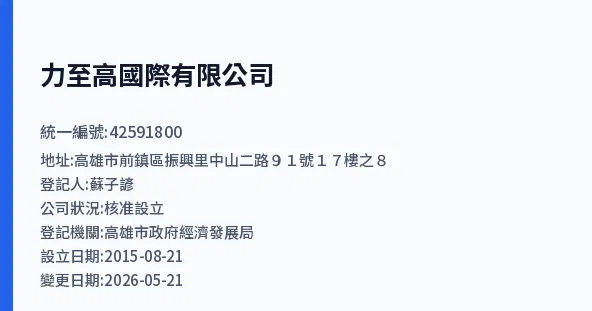 力至高國際有限公司的照片-統編 42591800(高雄市) 公司登記資料與營業項目詳細圖表