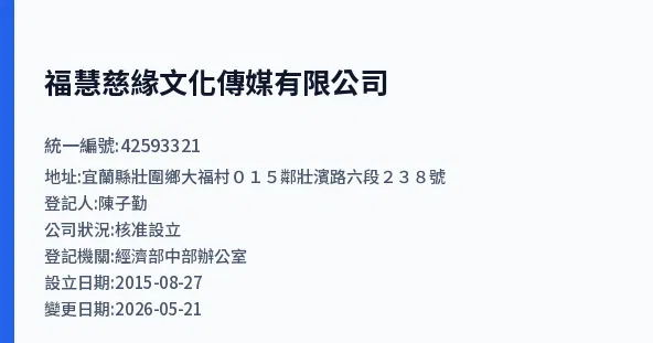 福慧慈緣文化傳媒有限公司的照片-統編 42593321(宜蘭縣) 公司登記資料與營業項目詳細圖表