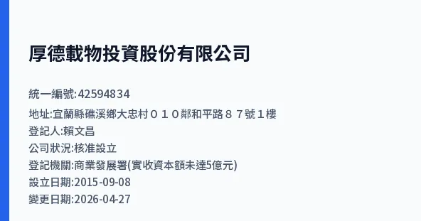 厚德載物投資股份有限公司的照片-統編 42594834(宜蘭縣) 公司登記資料與營業項目詳細圖表