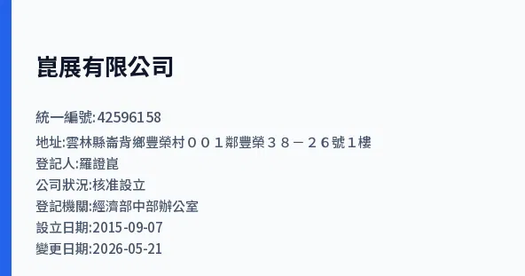 崑展有限公司的照片-統編 42596158(雲林縣) 公司登記資料與營業項目詳細圖表