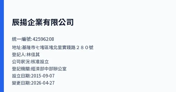 辰揚企業有限公司的照片-統編 42596208(基隆市) 公司登記資料與營業項目詳細圖表