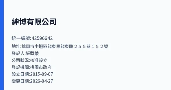 紳博有限公司的照片-統編 42596642(桃園市) 公司登記資料與營業項目詳細圖表