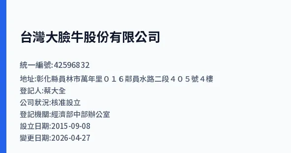 台灣大臉牛股份有限公司的照片-統編 42596832(彰化縣) 公司登記資料與營業項目詳細圖表