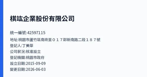 棋竑企業股份有限公司的照片-統編 42597115(桃園市) 公司登記資料與營業項目詳細圖表