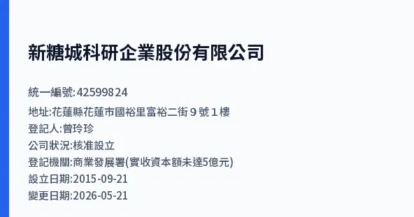 新糖城科研企業股份有限公司的照片-統編 42599824(花蓮縣) 公司登記資料與營業項目詳細圖表