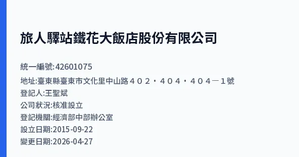 旅人驛站鐵花大飯店股份有限公司的照片-統編 42601075(臺東縣) 公司登記資料與營業項目詳細圖表