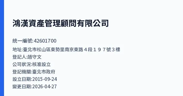 鴻漢資產管理顧問有限公司的照片-統編 42601700(臺北市) 公司登記資料與營業項目詳細圖表
