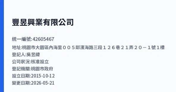 豐昱興業有限公司的照片-統編 42605467(桃園市) 公司登記資料與營業項目詳細圖表