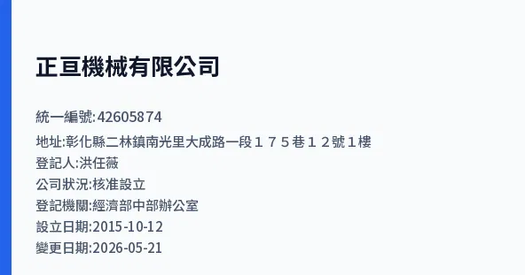 正亘機械有限公司的照片-統編 42605874(彰化縣) 公司登記資料與營業項目詳細圖表