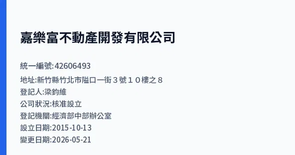 嘉樂富不動產開發有限公司的照片-統編 42606493(新竹縣) 公司登記資料與營業項目詳細圖表
