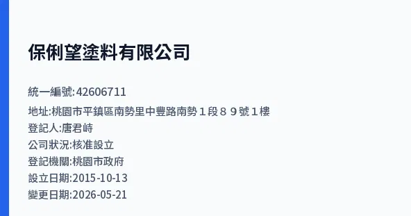 保俐望塗料有限公司的照片-統編 42606711(桃園市) 公司登記資料與營業項目詳細圖表