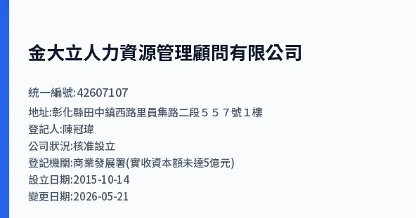 金大立人力資源管理顧問有限公司的照片-統編 42607107(彰化縣) 公司登記資料與營業項目詳細圖表
