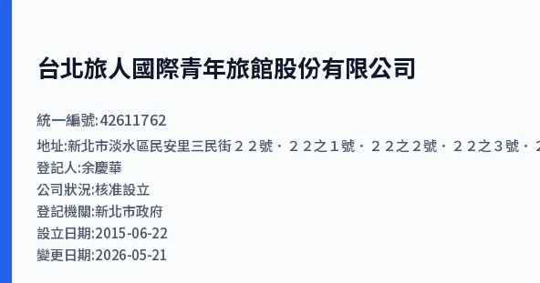 台北旅人國際青年旅館股份有限公司的照片-統編 42611762(新北市) 公司登記資料與營業項目詳細圖表