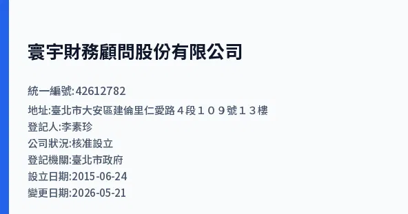 寰宇財務顧問股份有限公司的照片-統編 42612782(臺北市) 公司登記資料與營業項目詳細圖表